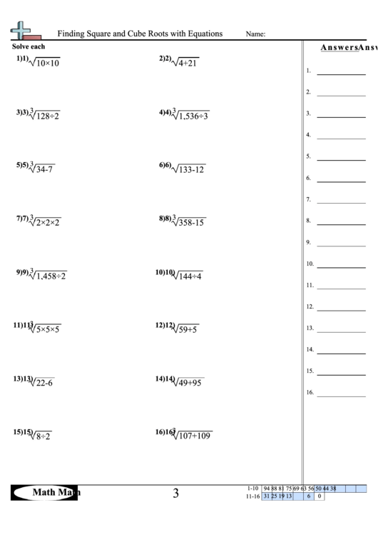 Finding Square And Cube Roots With Equations Sheet printable pdf download