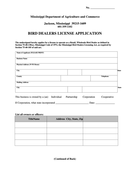 Fillable Bird Dealers License Application Form printable pdf download
