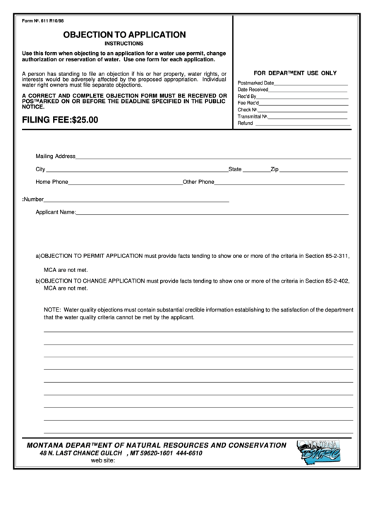Form 611 - Objection To Application 1998 printable pdf download