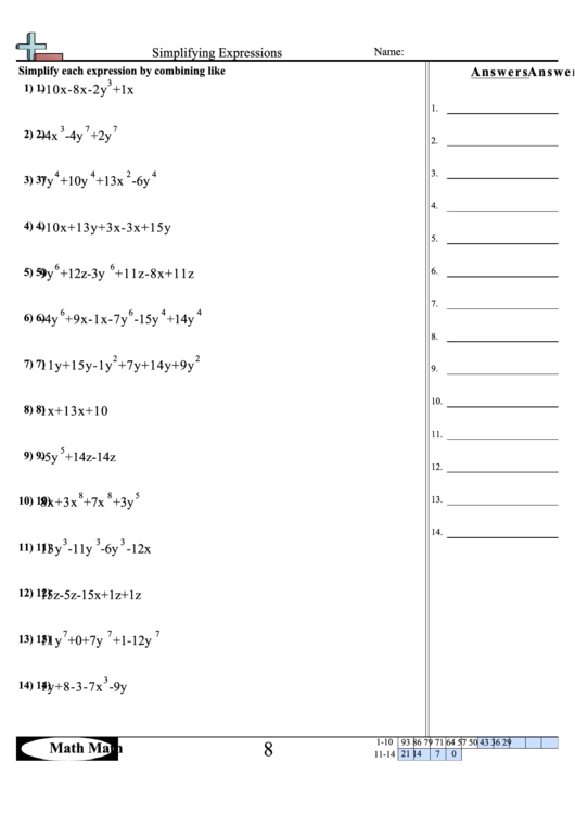 Simplifying Expressions Worksheet printable pdf download