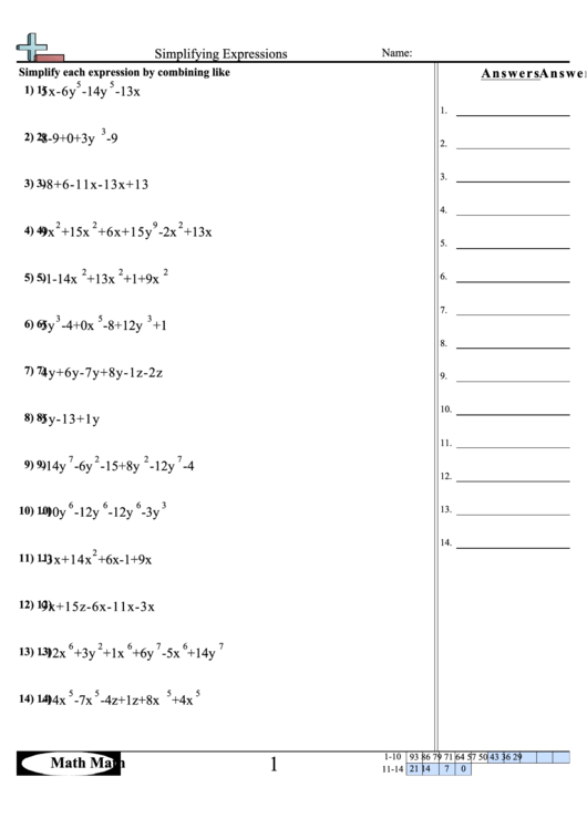 Simplifying Expressions Worksheet printable pdf download