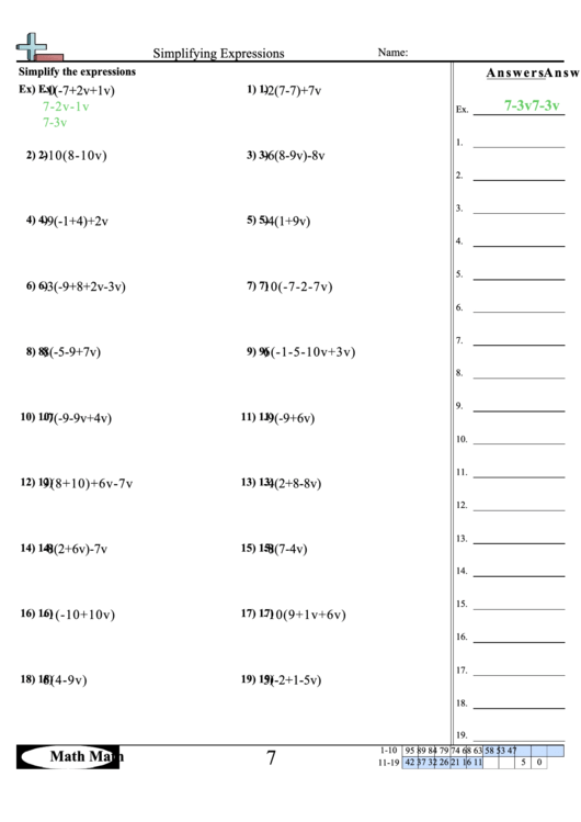 Simplifying Expressions Worksheet printable pdf download