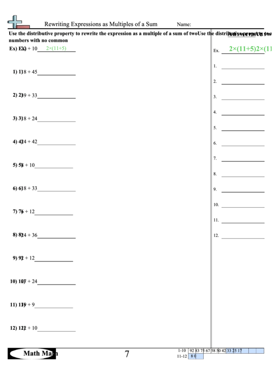 Rewriting Expressions As Multiples Of A Sum Worksheet printable pdf ...