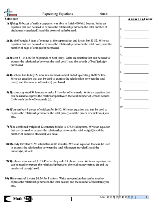 Expressing Equations Worksheet With Answer Key printable pdf download