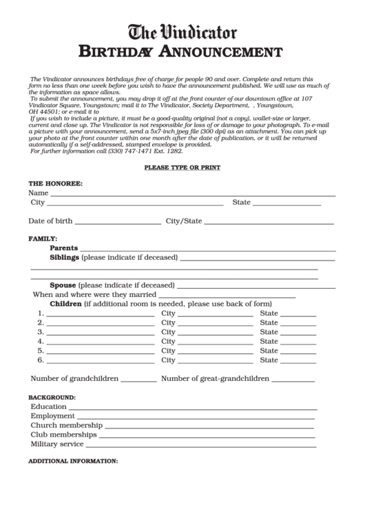 Fillable Birthday Announcement Form printable pdf download