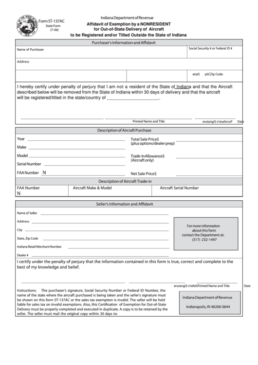Form St-137ac - Affidavit Of Exemption By A Nonresident For Out-Of ...