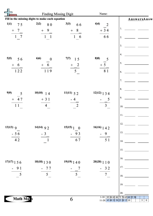 Finding Missing Digit Worksheet printable pdf download