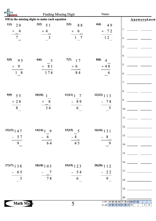 Finding Missing Digit Worksheet printable pdf download