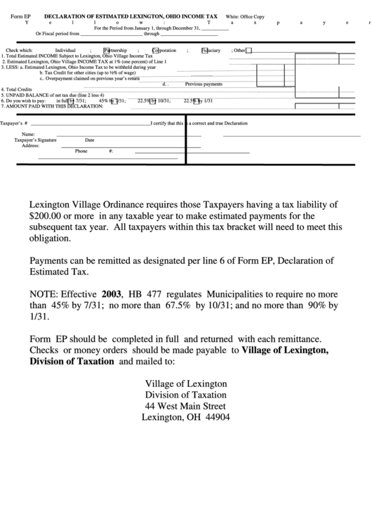 Form Ep - Declaration Of Estimated Lexington printable pdf download