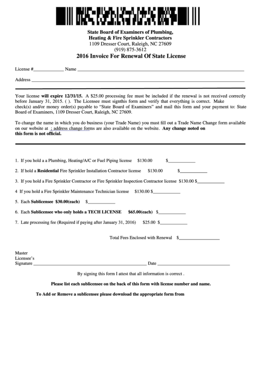 Fillable Invoice For Renewal Of State License - 2016 printable pdf download