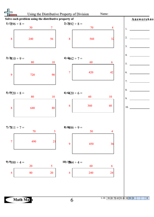 Using The Distributive Property Of Division Worksheet Printable Pdf