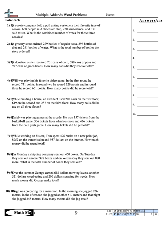 Multiple Addends Word Problems Worksheet printable pdf download