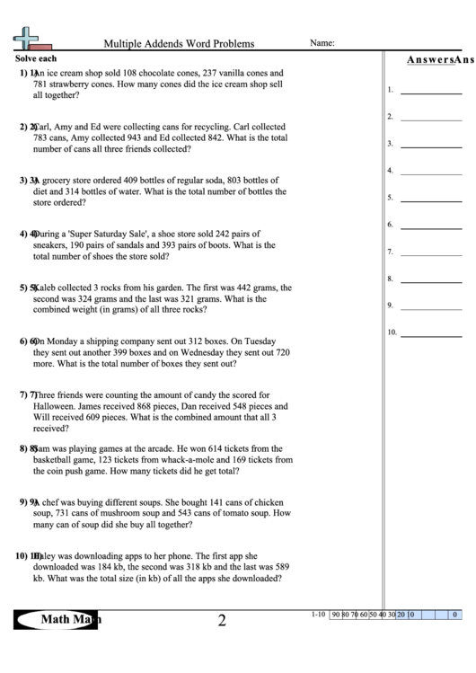Multiple Addends Word Problems Worksheet printable pdf download