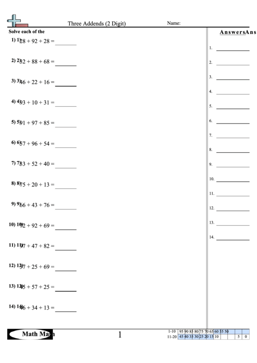 Three Addends (2 Digit) Worksheet printable pdf download