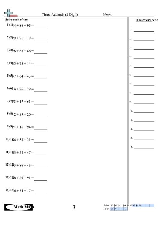 Three Addends (2 Digit) Worksheet printable pdf download