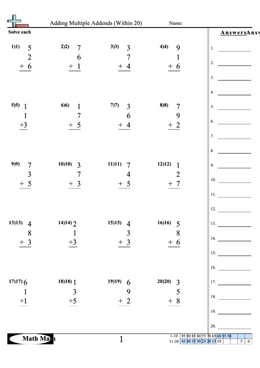 Adding Multiple Addends (Within 20) Worksheet printable pdf download