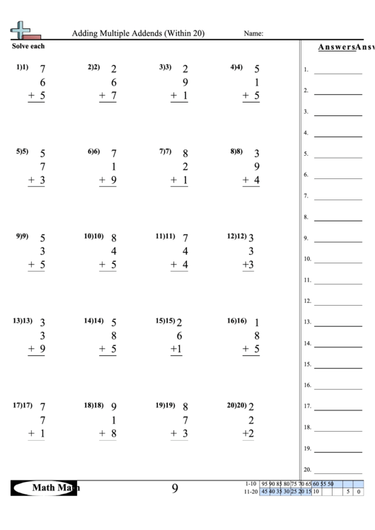 Adding Multiple Addends (Within 20) Worksheet printable pdf download