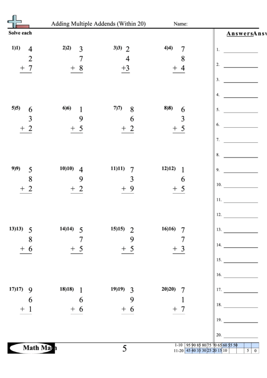 Adding Multiple Addends (Within 20) Worksheet printable pdf download
