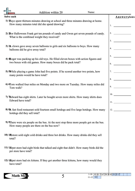 Addition Within 20 Worksheet Printable Pdf Download