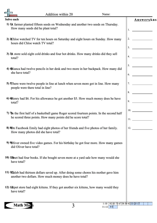 Addition Within 20 Worksheet printable pdf download