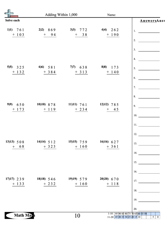 Adding Within 1,000 Worksheet printable pdf download