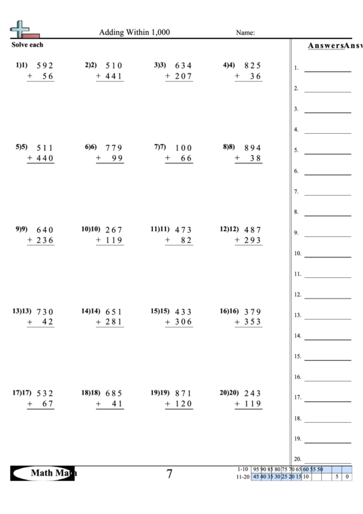 Adding Within 1,000 Worksheet printable pdf download