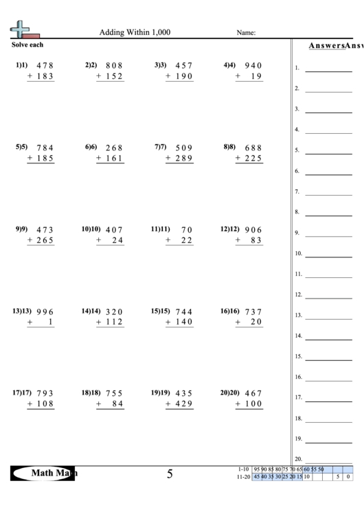 Adding Within 1,000 Worksheet printable pdf download