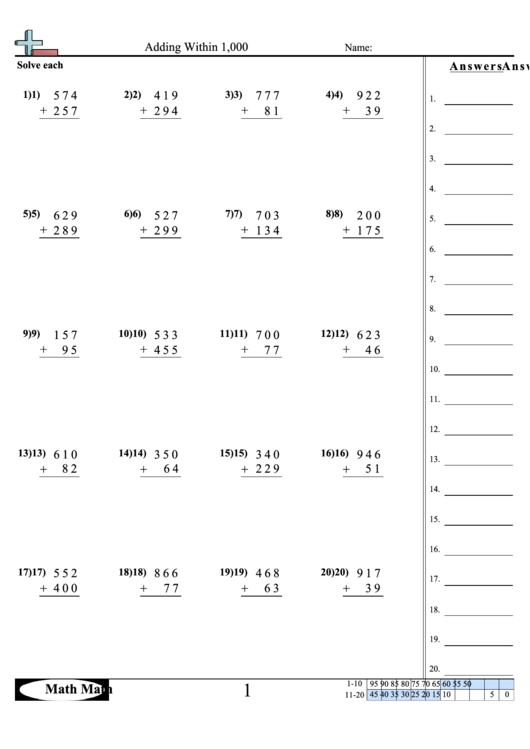 Adding Within 1,000 Worksheet printable pdf download