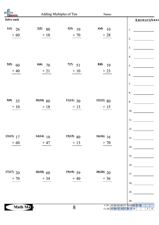 Adding Multiples Of Ten Worksheet printable pdf download