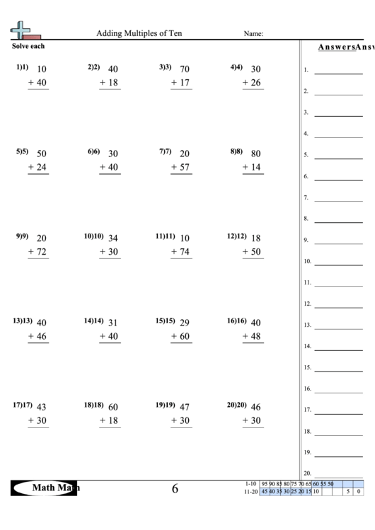 Adding Multiples Of Ten Worksheet printable pdf download