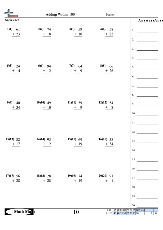 Adding Within 100 Worksheet printable pdf download