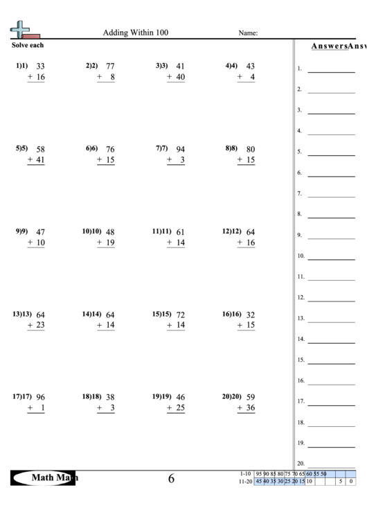 Adding Within 100 Worksheet printable pdf download