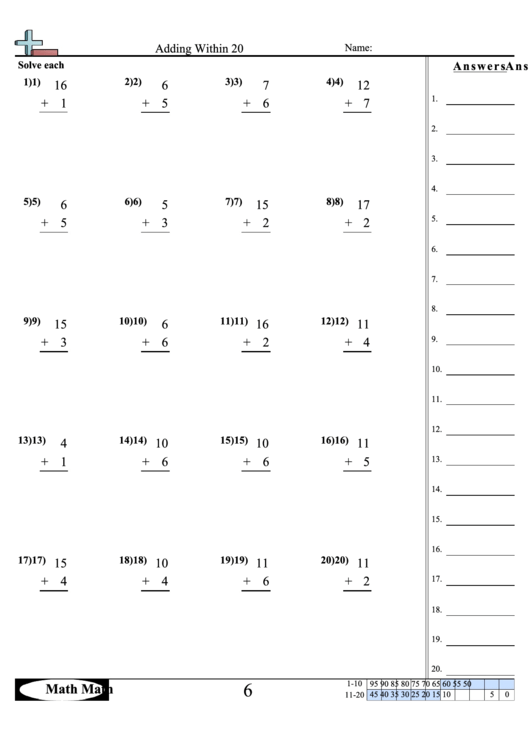 Adding Within 20 Worksheet printable pdf download