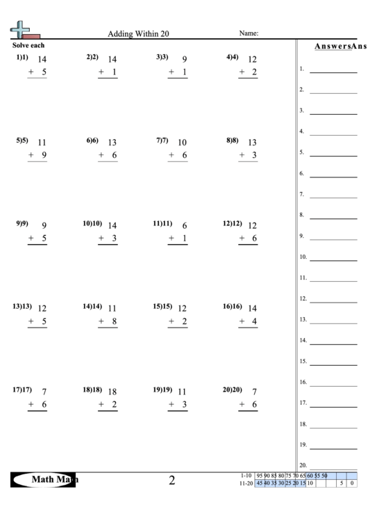 Adding Within 20 Worksheet printable pdf download