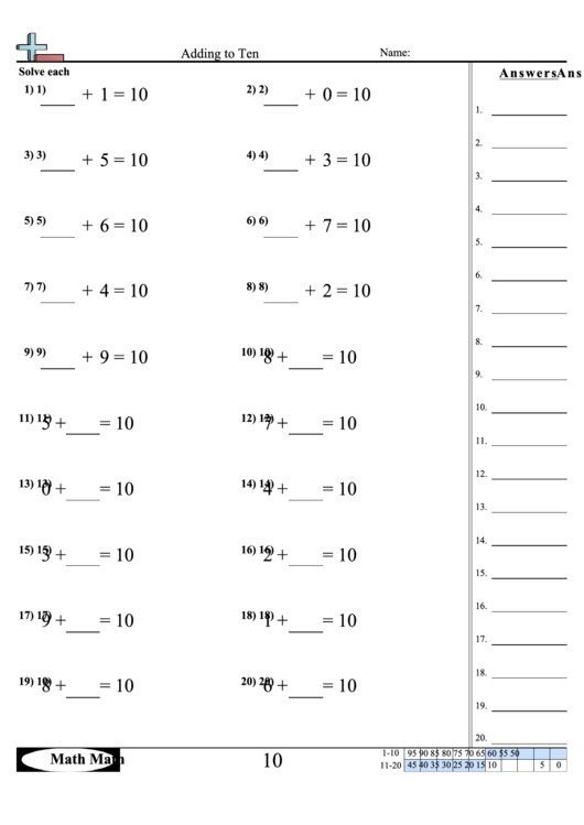 Adding To Ten Worksheet printable pdf download