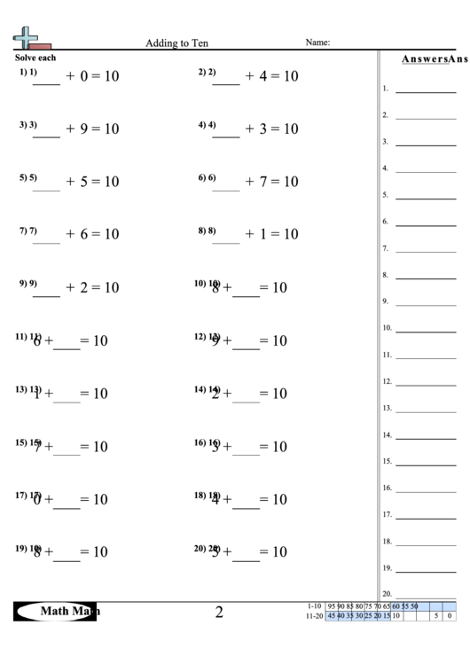 Adding To Ten Worksheet printable pdf download