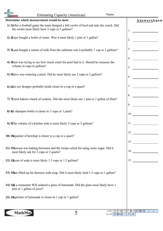 Estimating Capacity (American) Worksheet printable pdf download