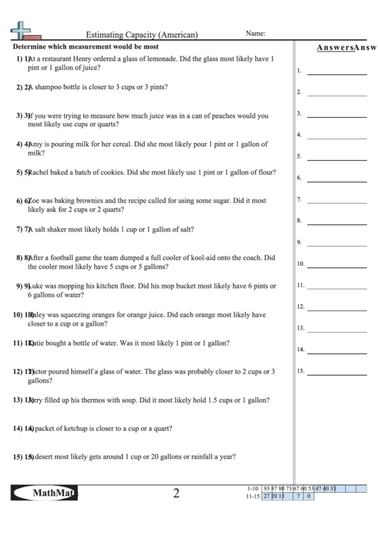 Estimating Capacity (American) Worksheet printable pdf download