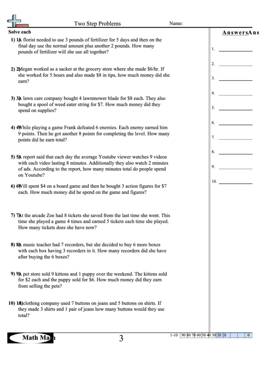'Two Step Problems' Math Worksheet printable pdf download