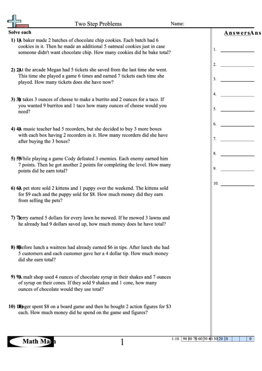 'Two Step Problems' Math Worksheet printable pdf download