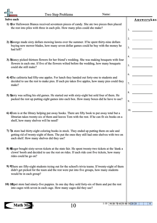 'Two Step Problems' Math Worksheet printable pdf download