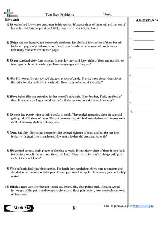 'Two Step Problems' Math Worksheet printable pdf download