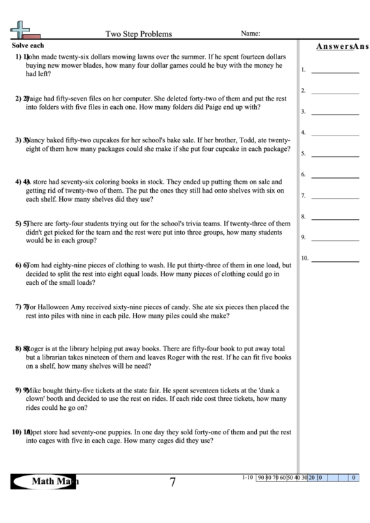 'Two Step Problems' Math Worksheet printable pdf download