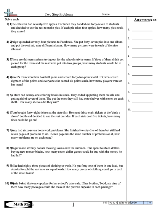 'Two Step Problems' Math Worksheet printable pdf download