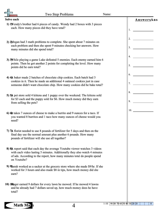 'Two Step Problems' Math Worksheet printable pdf download