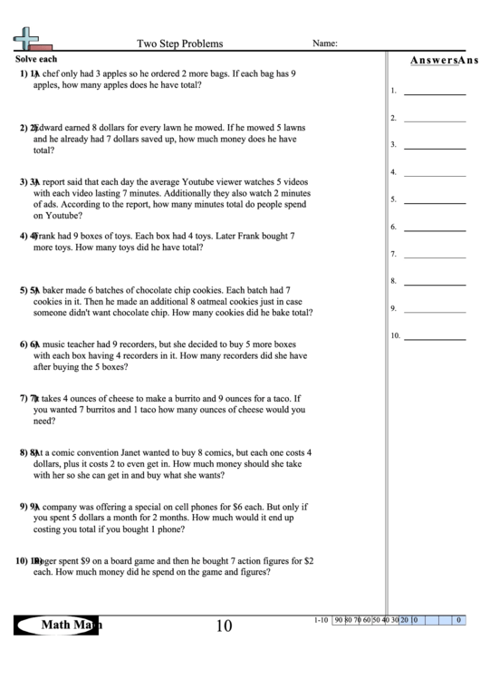 'Two Step Problems' Math Worksheets printable pdf download