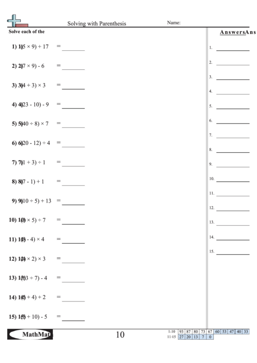 'Solving With Parenthesis' Math Worksheet printable pdf download