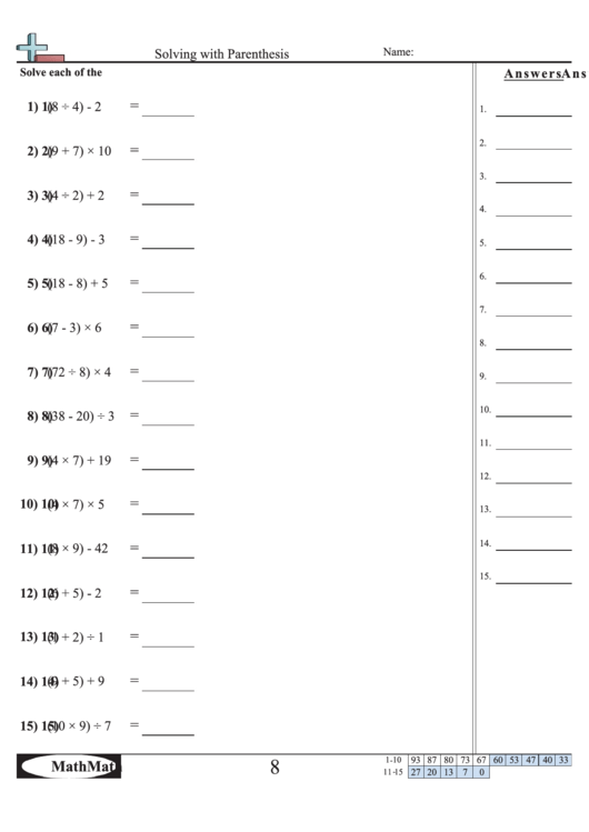 'Solving With Parenthesis' Math Worksheet printable pdf download