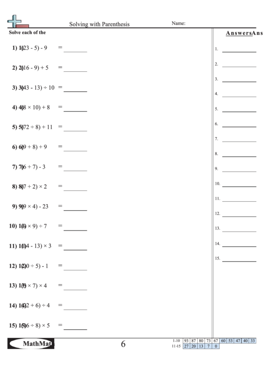 'Solving With Parenthesis' Math Worksheet printable pdf download