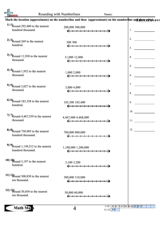 'Rounding With Numberlines' Math Worksheet printable pdf download